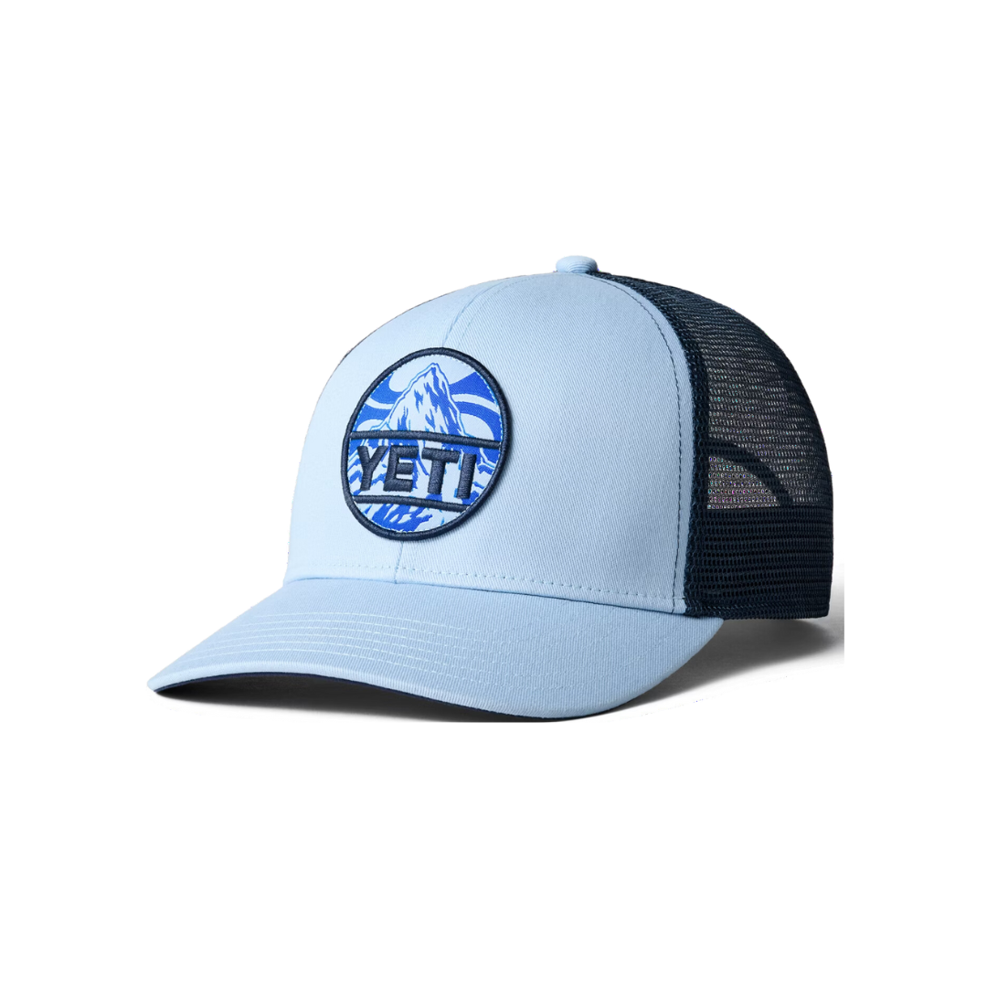 Yeti Mountain Badge Trucker Light Blue Hat | Sustainable Style
