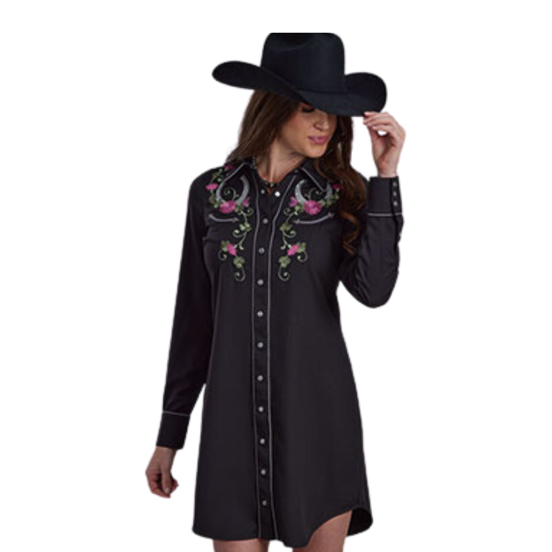 Roper Women's Floral Snap Cuff Black Shirt Dress